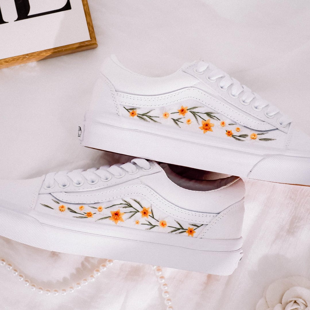 Custom Wedding Vans for Bride, Daffodil Flower Embroidered Vans Shoes ...