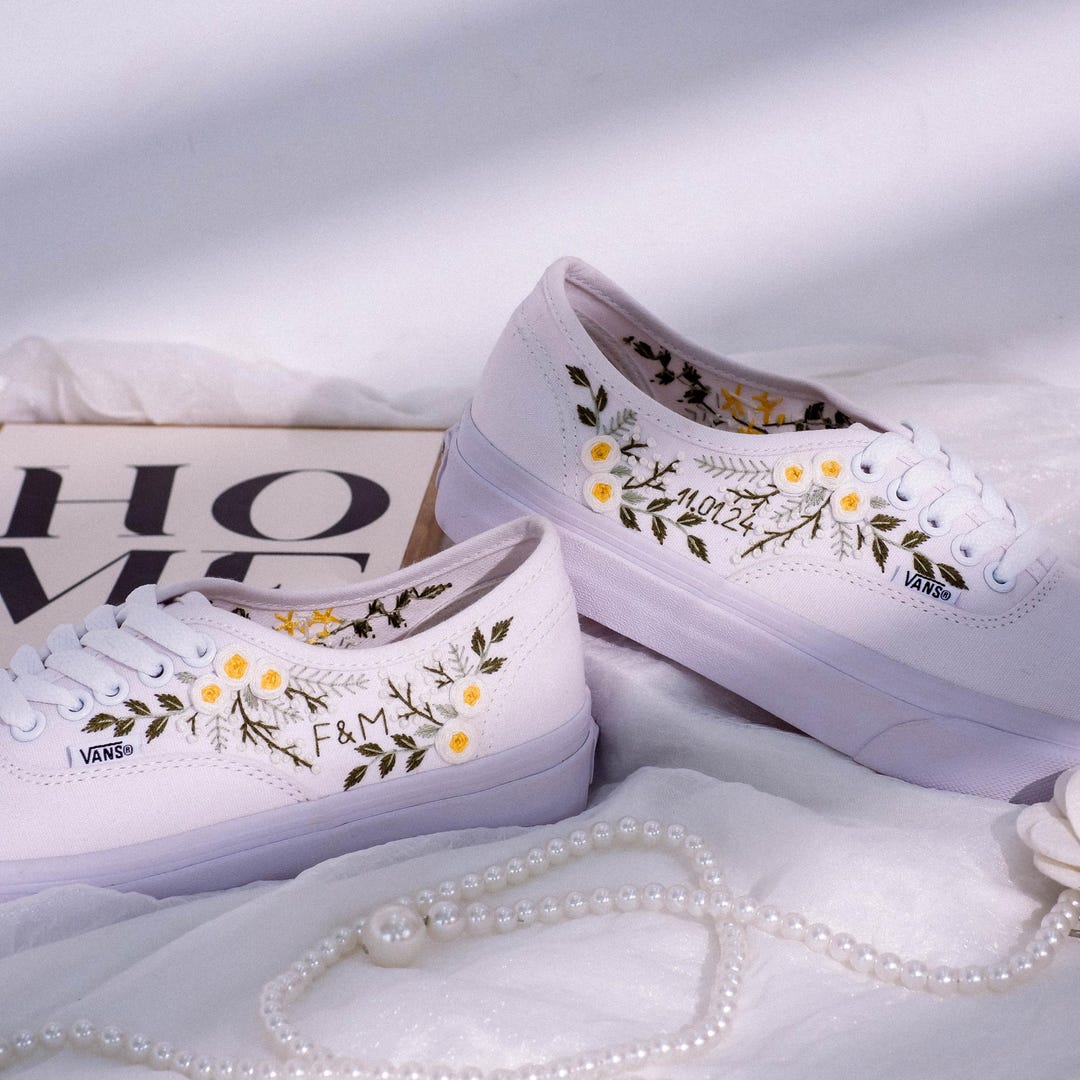 Embroidered Vans Custom, Wedding Vans Embroidery Floral, White Flowers ...