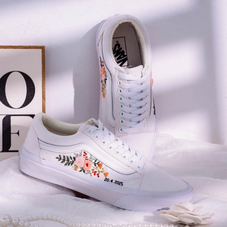 Custom Embroidered Vans Slip On, Flowers Embroidered Vans, Vans Custom ...