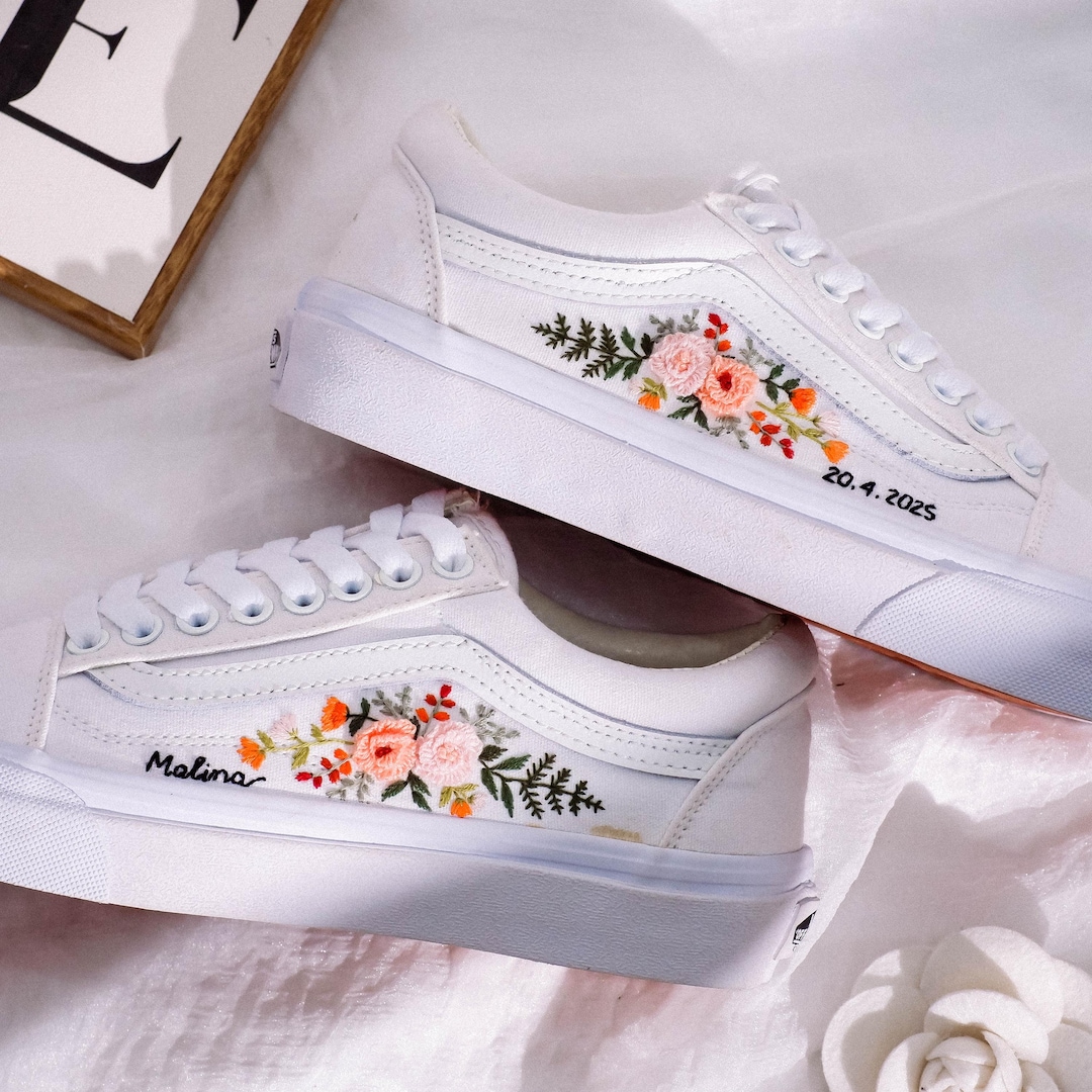 Custom Embroidered Vans Slip On, Flowers Embroidered Vans, Vans Custom ...