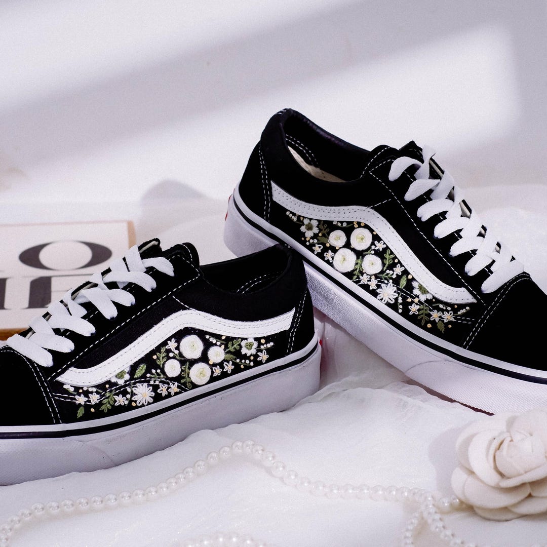 Custom Vans Canvas Old Skool Flowers Embroidered Vans Shoes, Custom ...