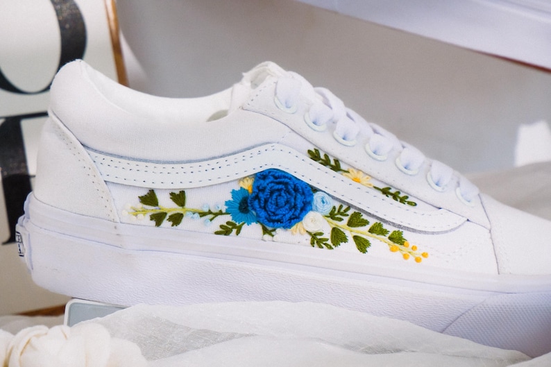 Wedding Vans, Blue Flowers Embroidered Vans Custom, Bridal Flower ...