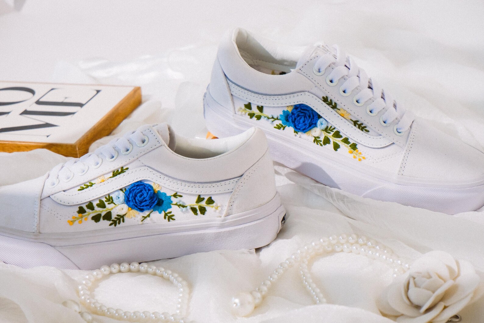 Wedding Vans, Blue Flowers Embroidered Vans Custom, Bridal Flower ...