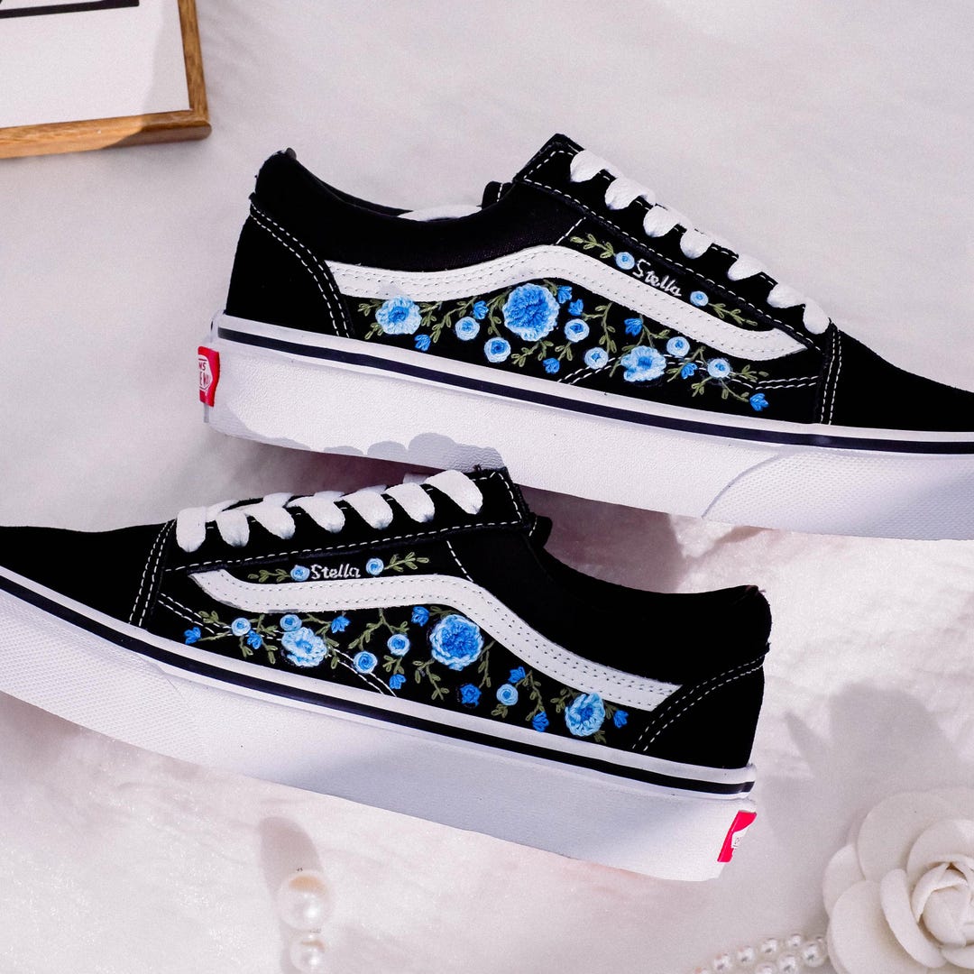 Embroidered Black Vans Wedding, Blue Flower Embroidered Vans Slip on ...