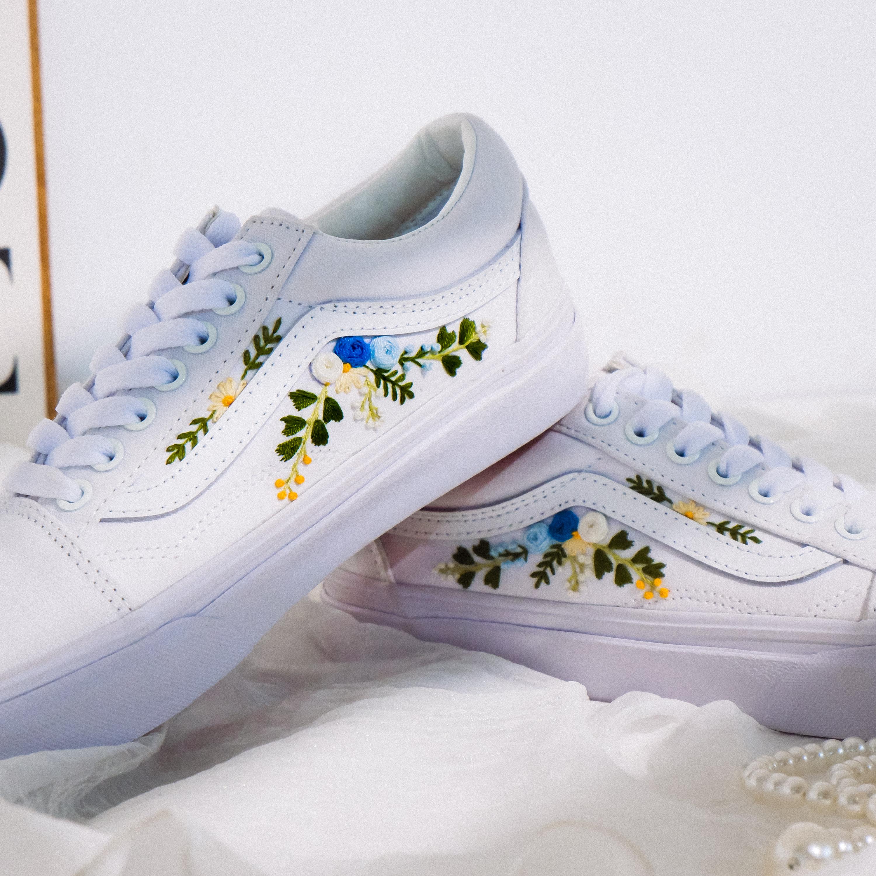 Wedding Vans, Blue Flowers Embroidered Vans Custom, Bridal Flower ...