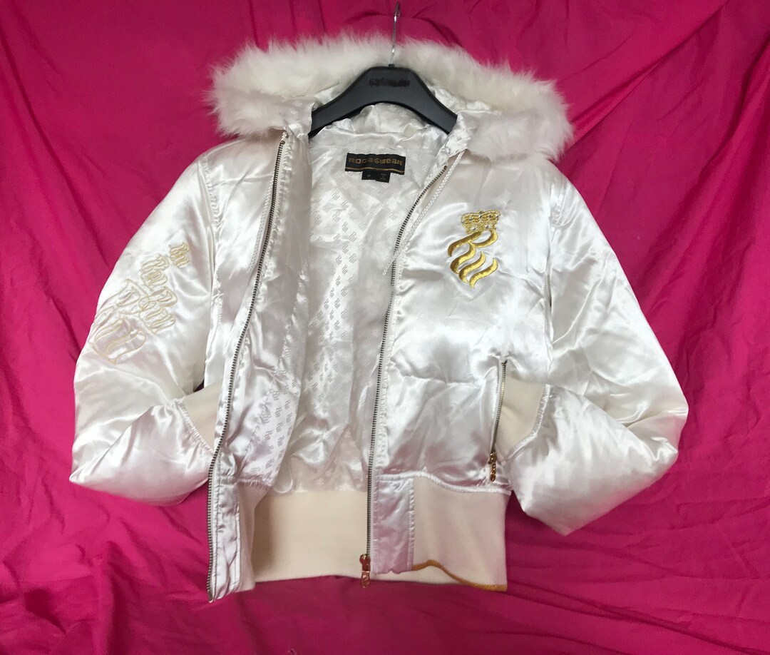 Radiant White Satin Feel Gold Crown Logo Early "rocawear" Hooded Puffer ...