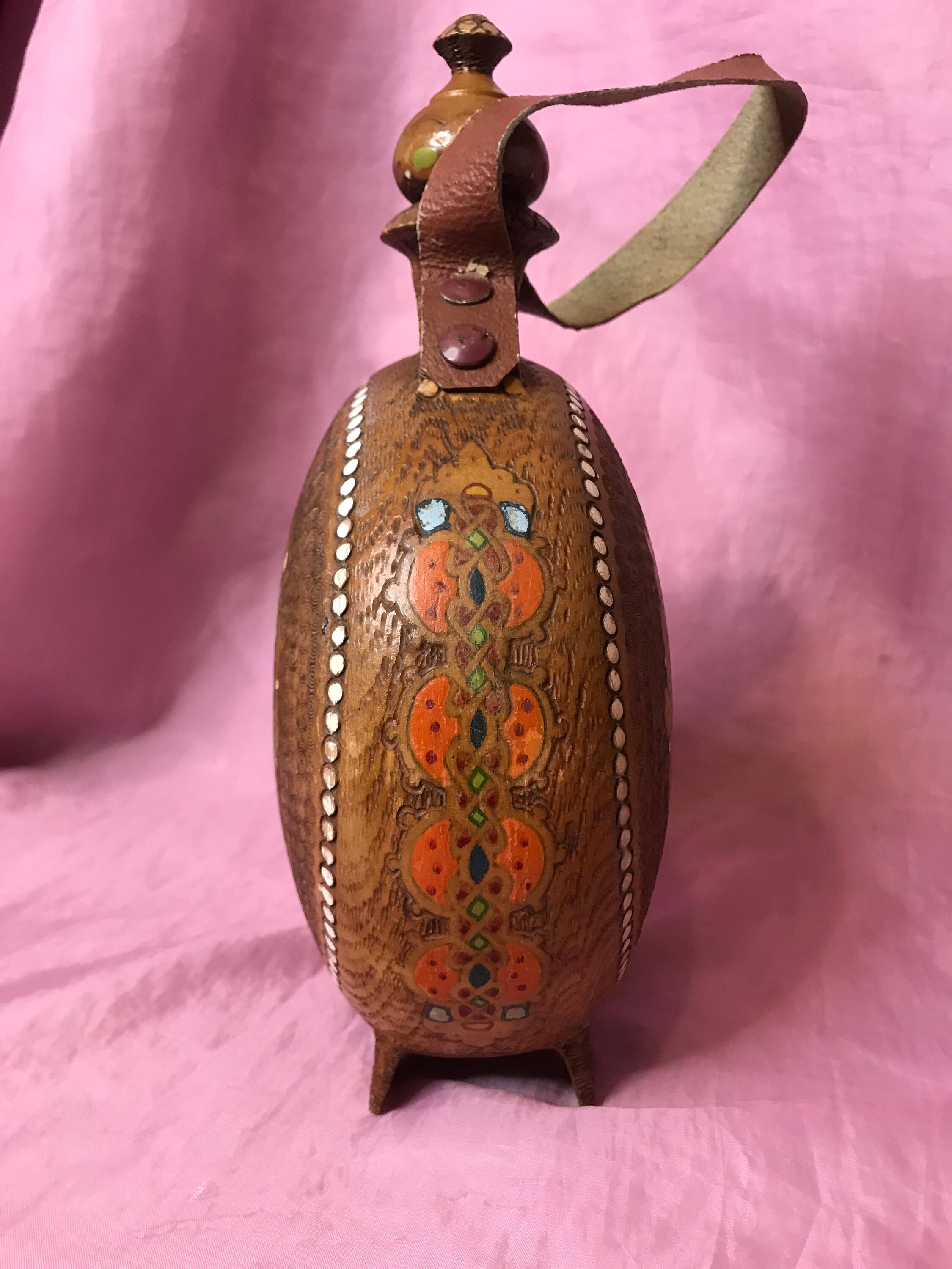 Pair of Vintage Bulgarian Traditional Wooden Pyrographed Water Flasks ...