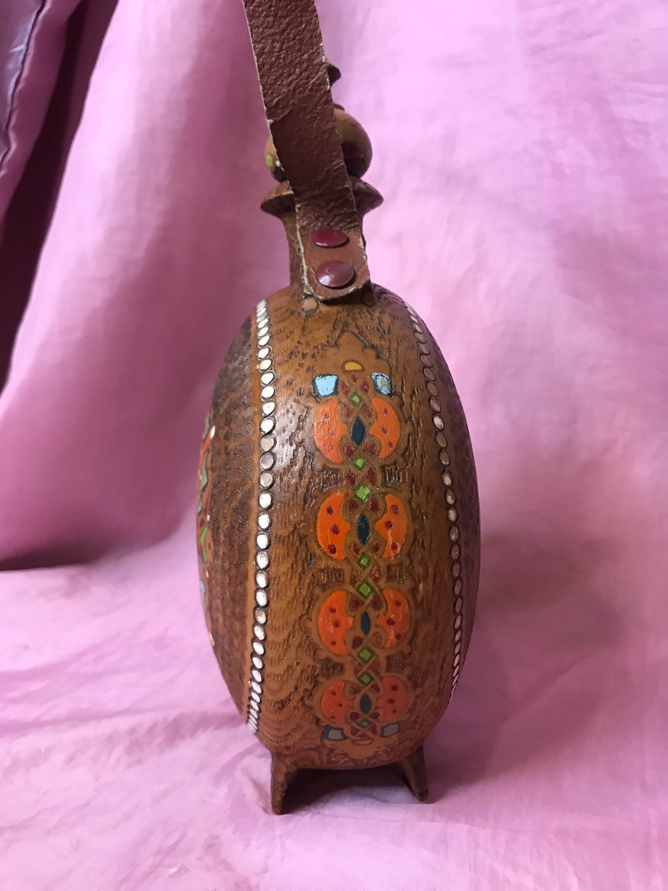 Pair of Vintage Bulgarian Traditional Wooden Pyrographed Water Flasks ...