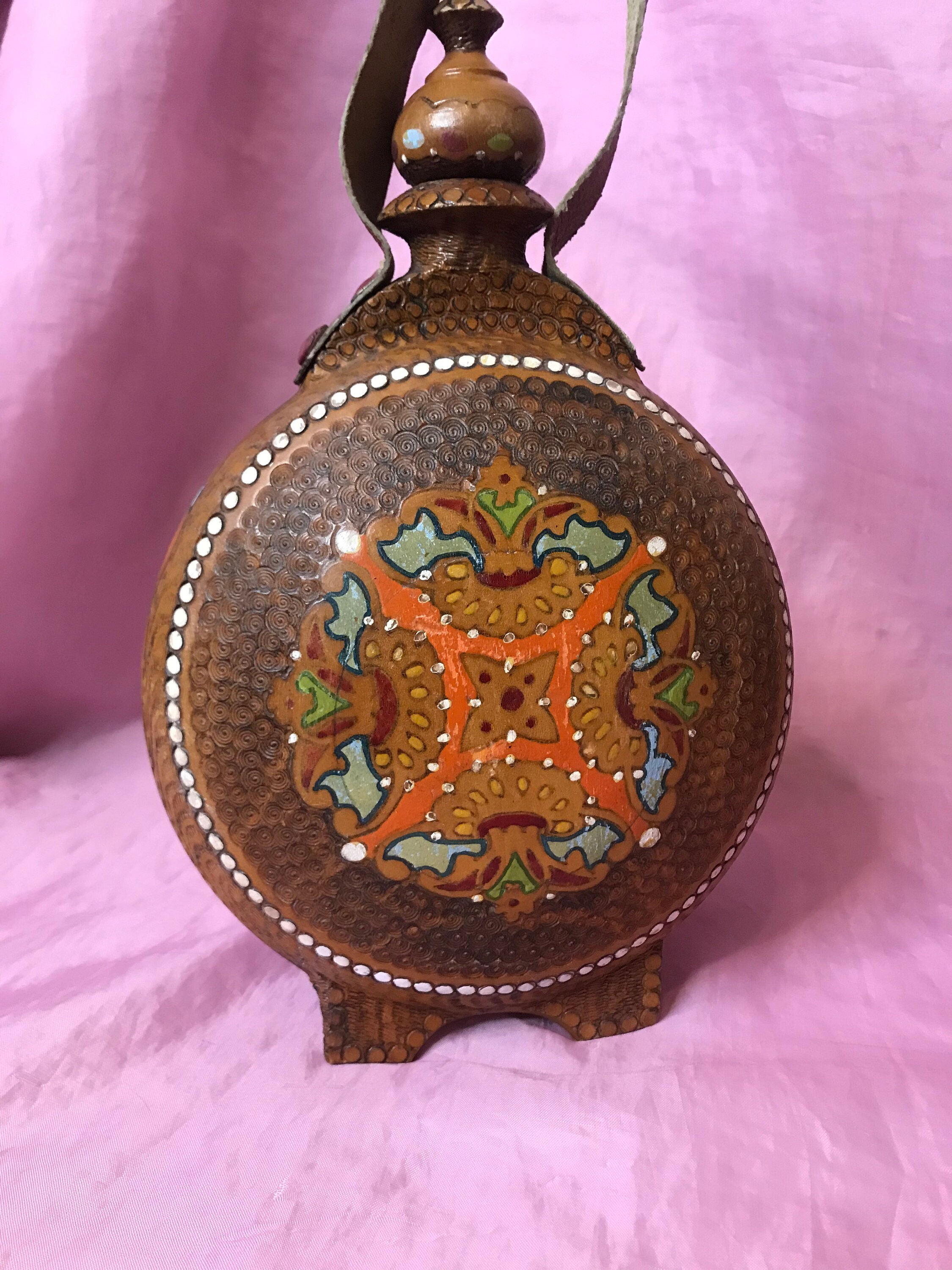 Pair of Vintage Bulgarian Traditional Wooden Pyrographed Water Flasks ...