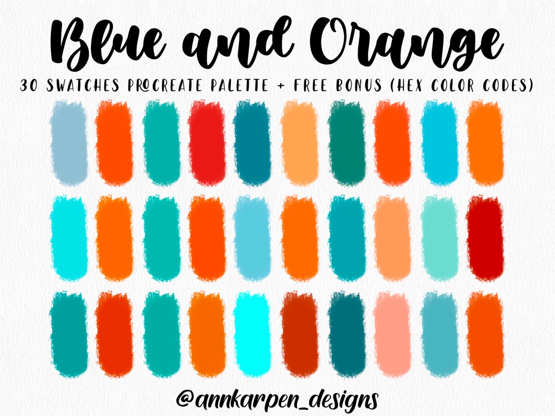 Blue & Orange Procreate Palette, 30 HEX Color Codes, Instant Digital ...
