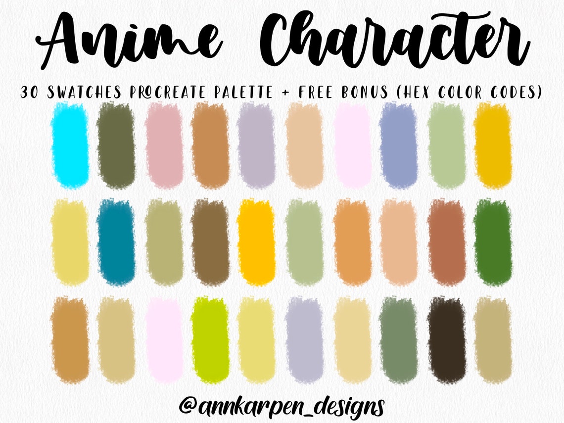 Anime Character Procreate Palette, 30 HEX Color Codes, Instant Digital ...