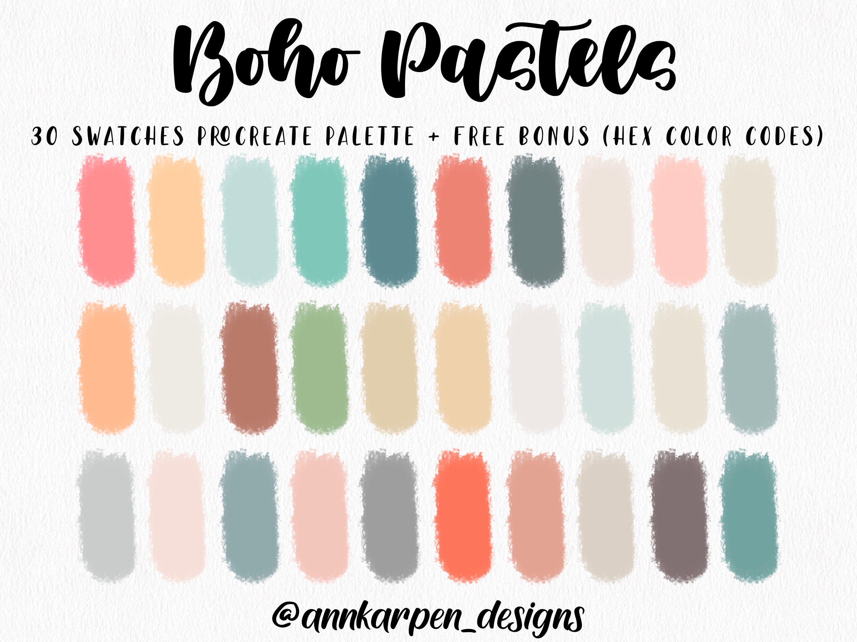 Boho Pastels Procreate Palette, Hand Picked 30 HEX Color Codes, Instant ...