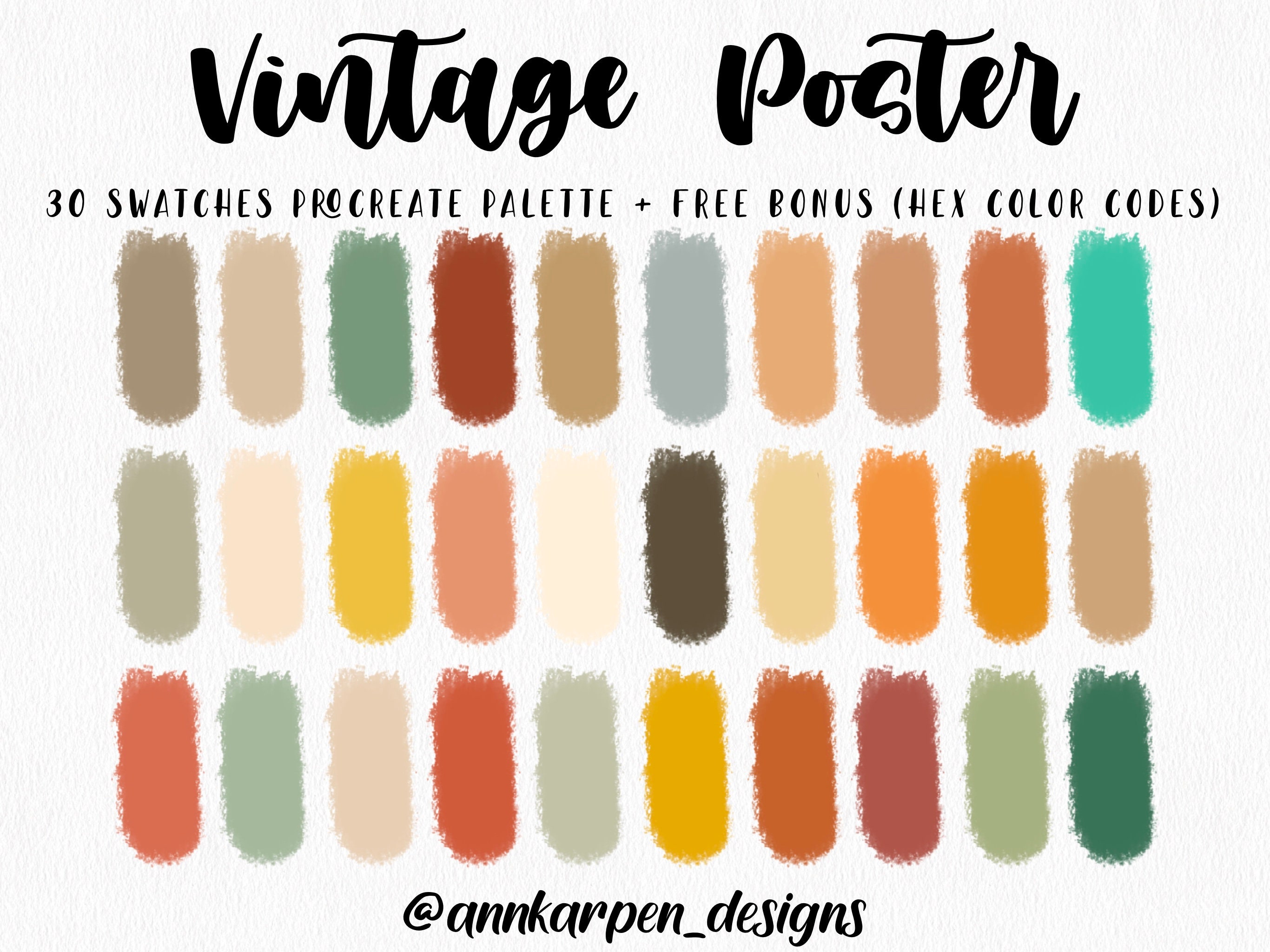 Vintage Poster Procreate Palette, 30 HEX Color Codes Swatches, Instant ...