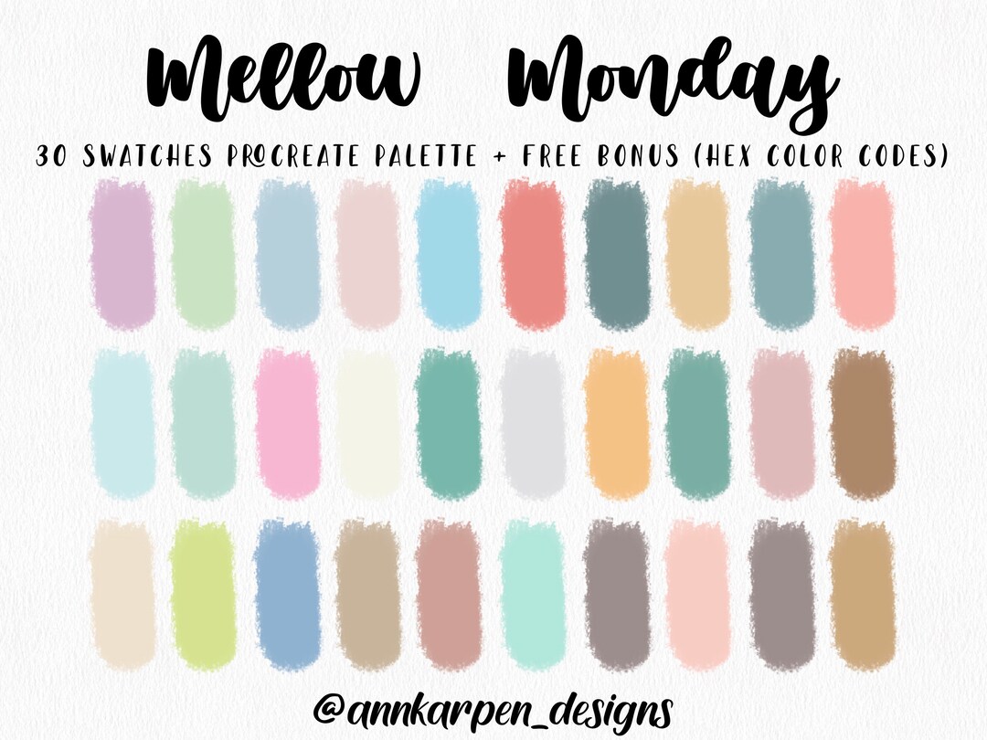 Mellow Monday Procreate Palette, 30 HEX Color Codes, Instant Digital ...