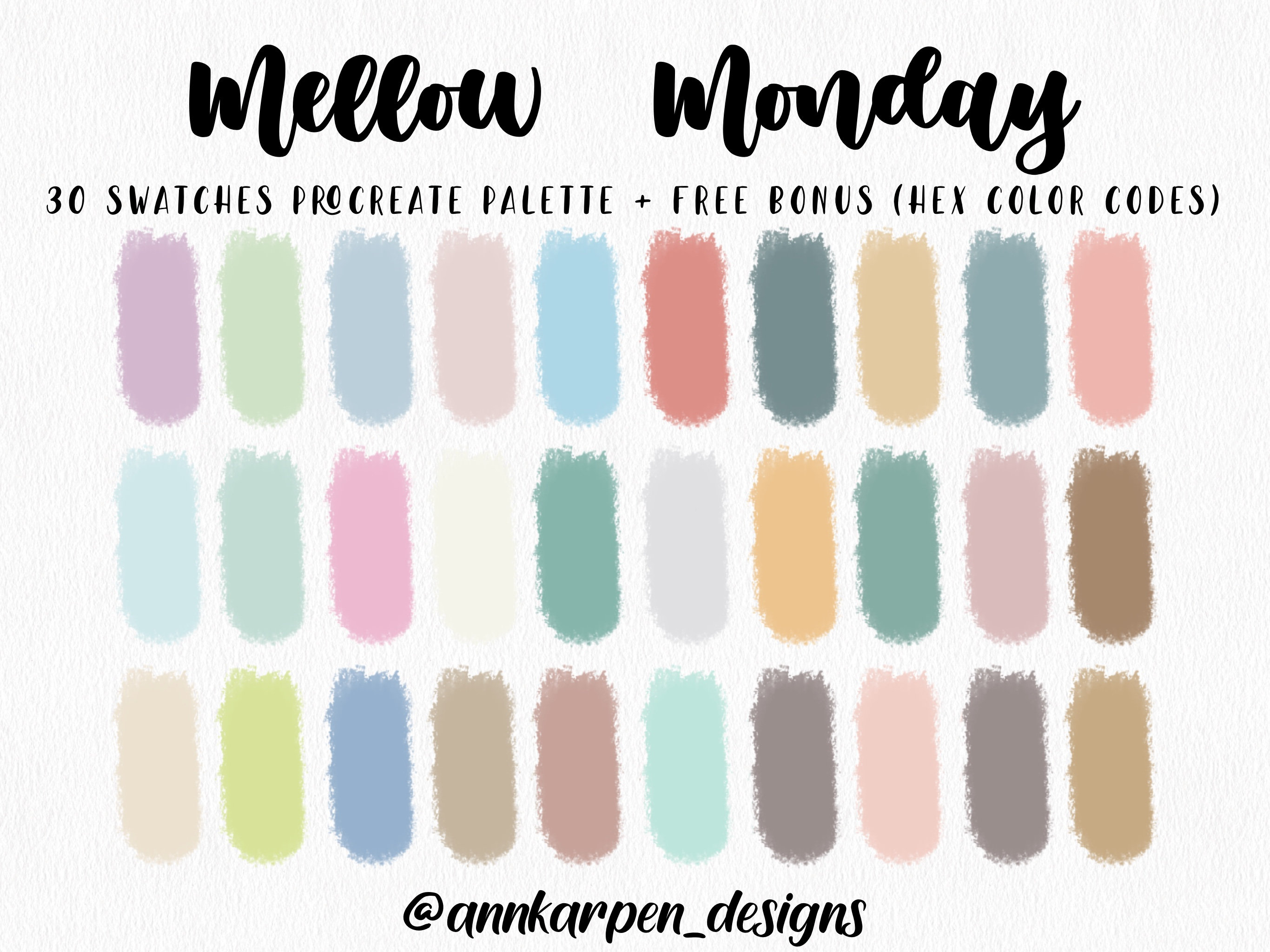 Mellow Monday Procreate Palette, 30 HEX Color Codes, Instant Digital ...