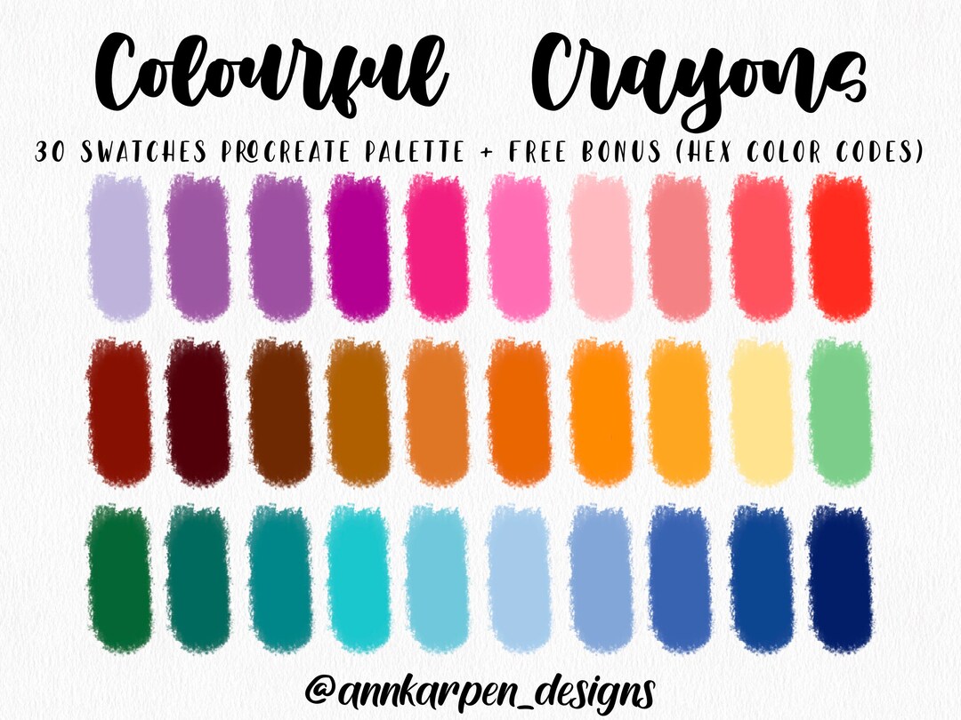 Colourful Crayons Procreate Palette, 30 HEX Color Codes, Good Notes ...
