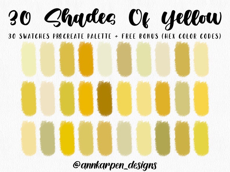 30 Shades of Yellow Procreate Palette, 30 HEX Color Codes, Instant ...