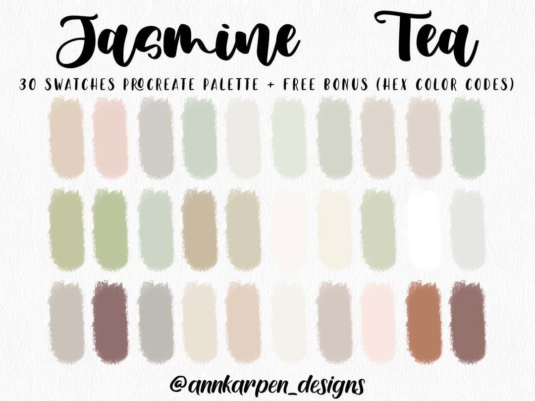 Jasmine Tea Procreate Palette, 30 HEX Handpicked Colors, Instant ...