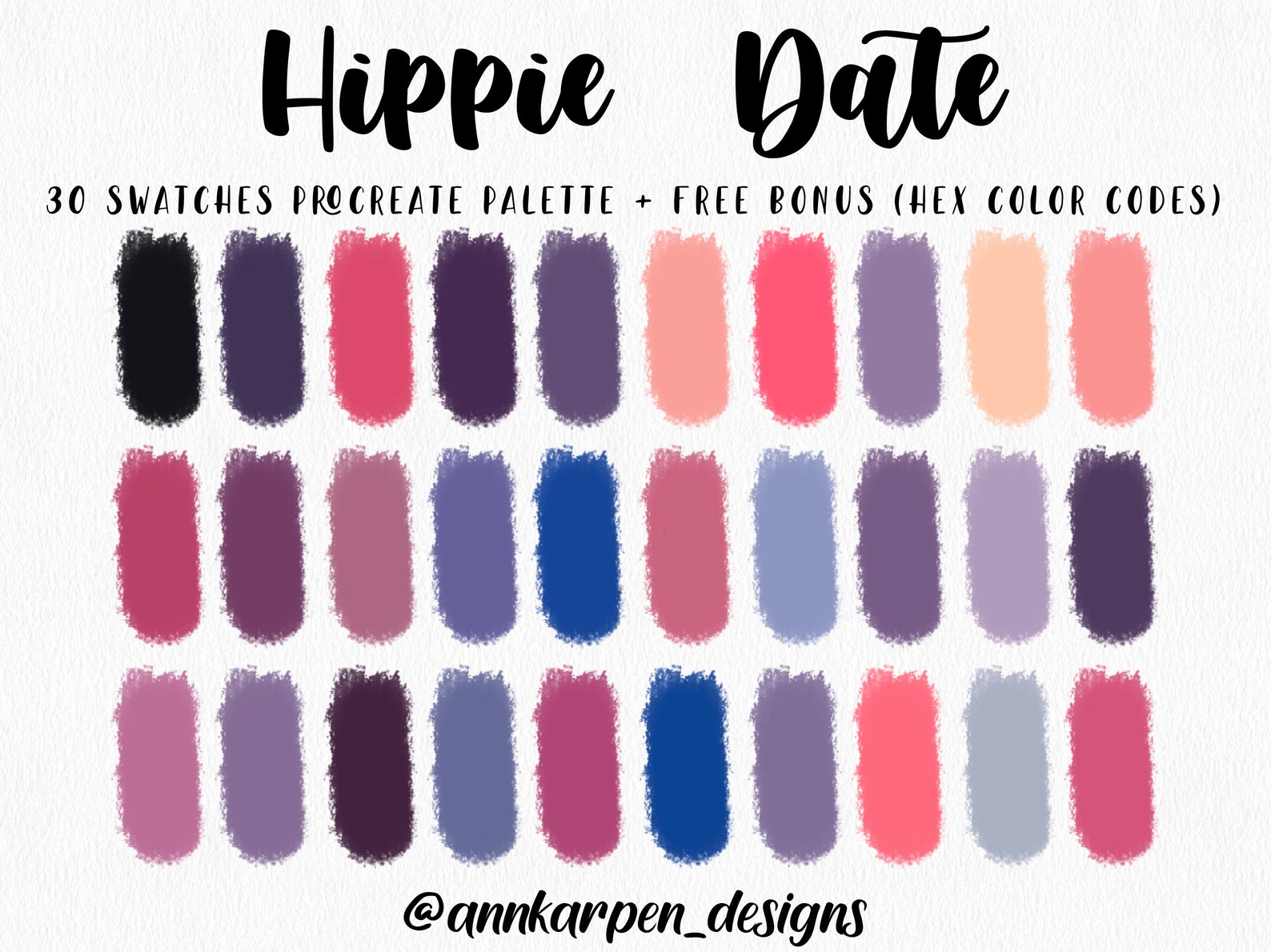 Hippie Date Procreate Palette, 30 HEX Color Codes, Instant Digital ...