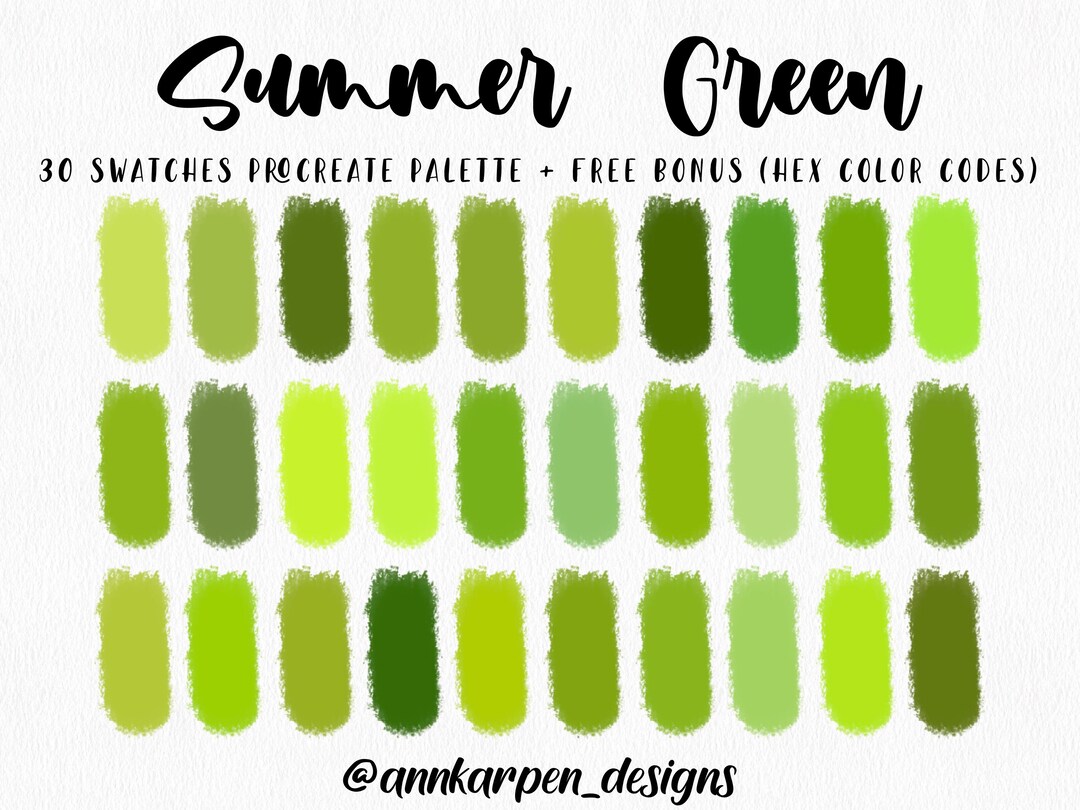 Summer Green Procreate Palette, 30 HEX Color Codes, Instant Digital ...