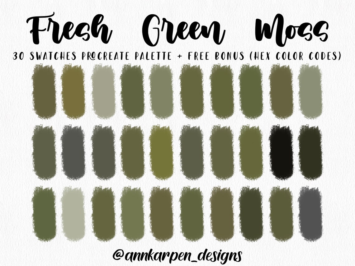 Fresh Green Moss Procreate Palette, 30 HEX Color Codes, Instant Digital ...