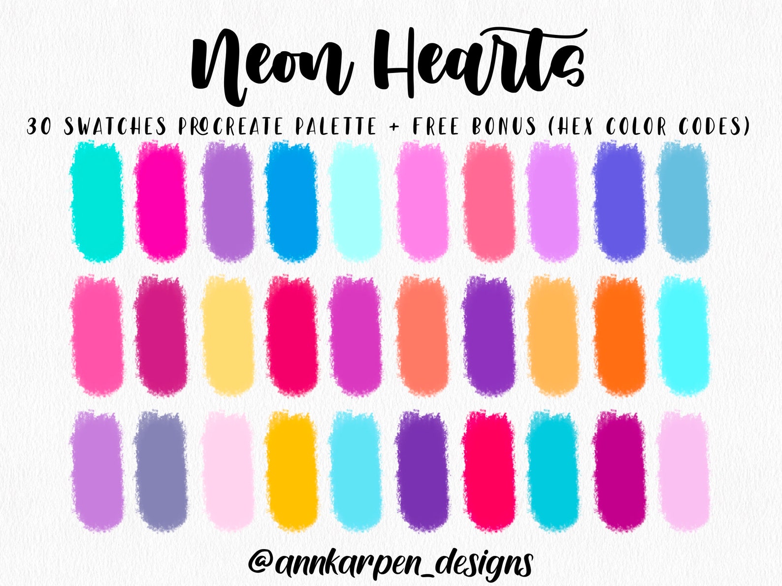 Neon Hearts Procreate Palette, 30 HEX Color Codes, Instant Digital ...