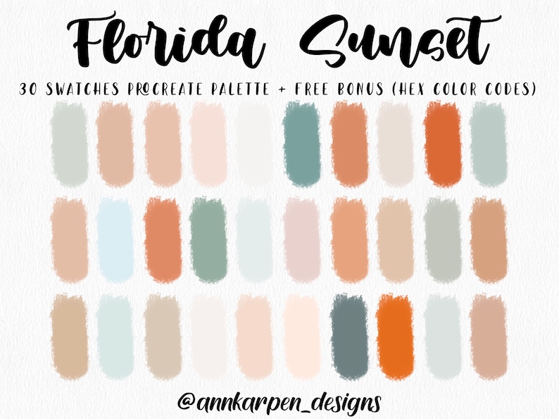 Florida Sunset Procreate Palette, 30 HEX Color Codes, Instant Digital ...