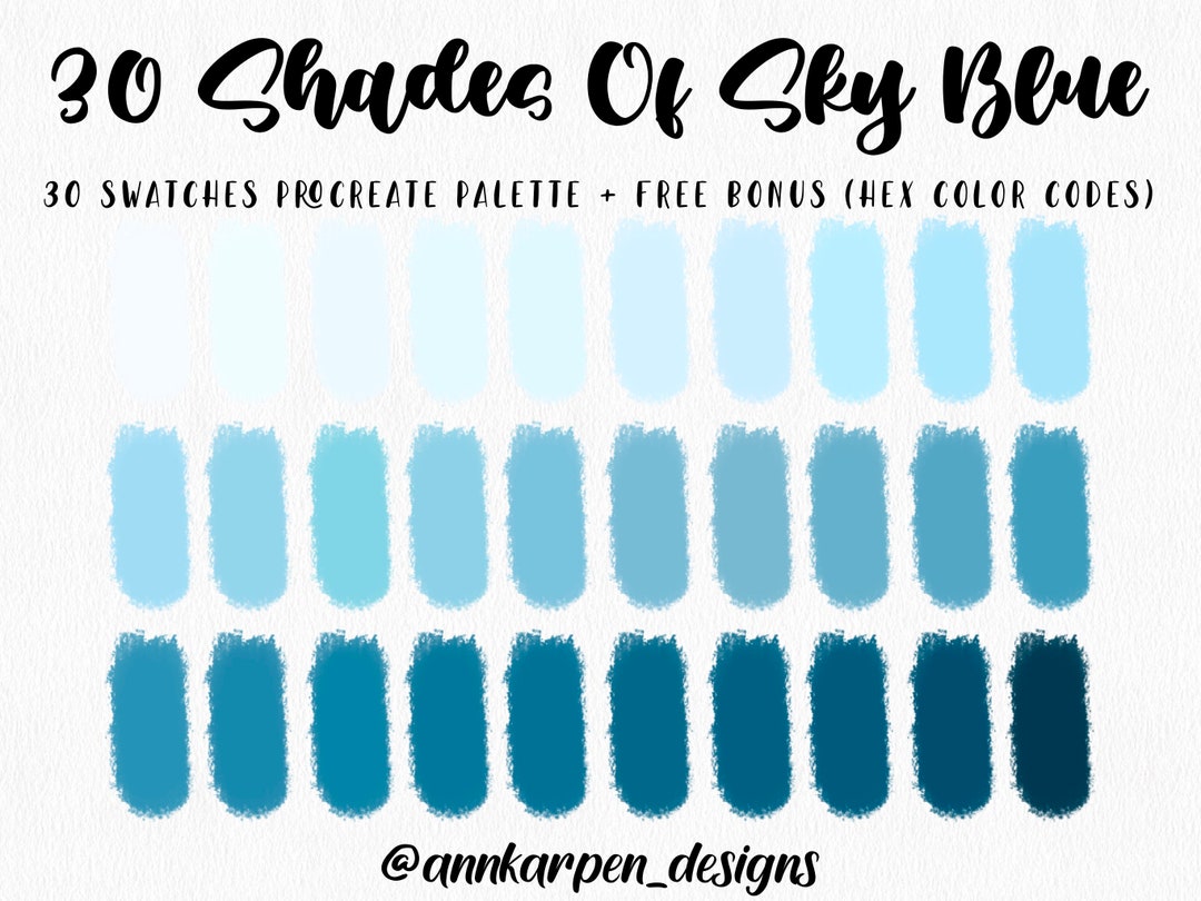 30 Shades of Sky Blue Procreate Palette, 30 HEX Color Codes, Instant ...