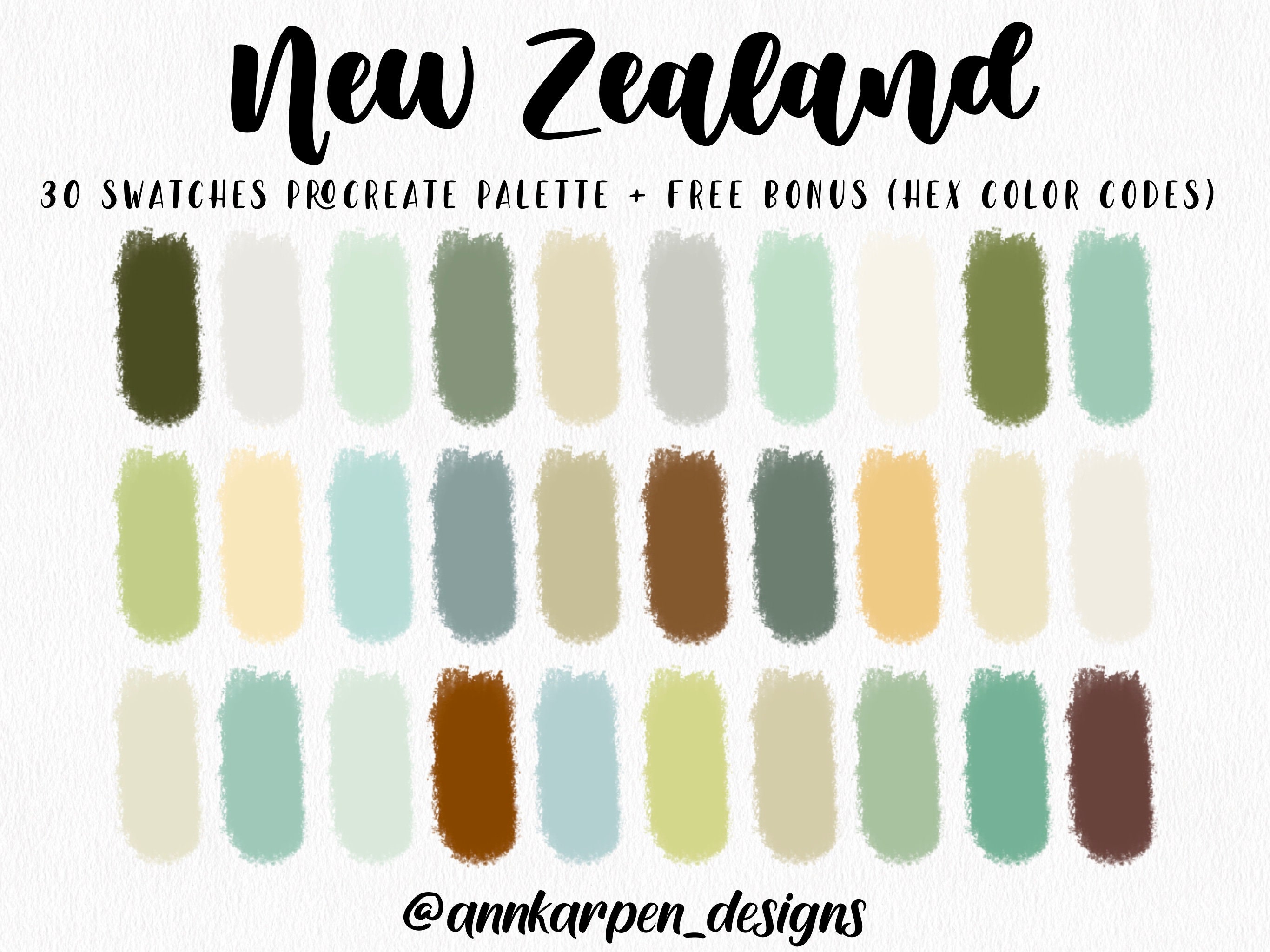 New Zealand Procreate Palette, 30 HEX Color Codes, Instant Digital ...