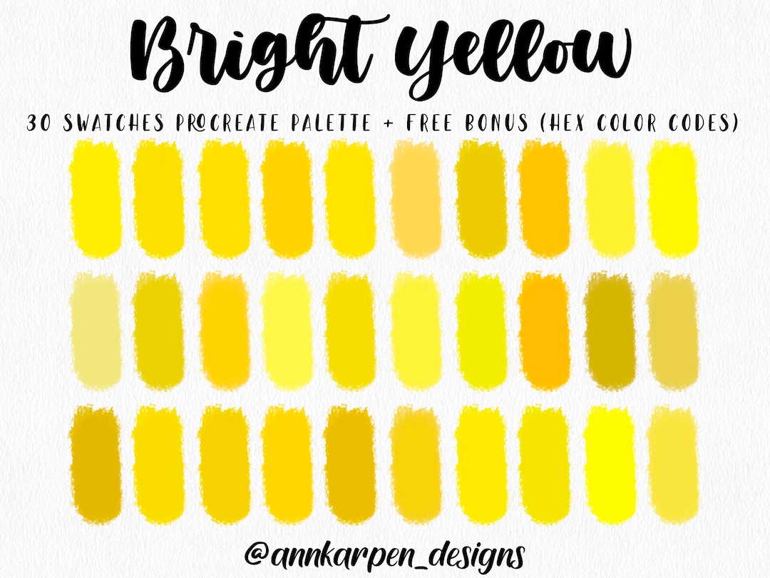Bright Yellow Procreate Palette, 30 HEX Codes, Good Notes, Instant ...