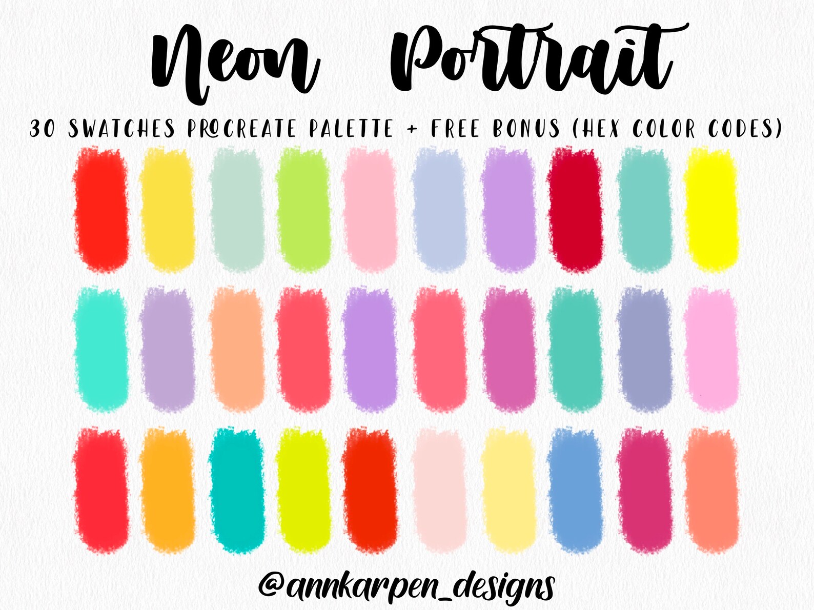 Neon Portrait Procreate Palette, 30 HEX Color Codes, Instant Digital ...
