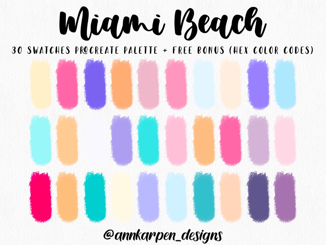 Miami Beach Procreate Palette, Hand Picked 30 HEX Color Codes, Instant ...