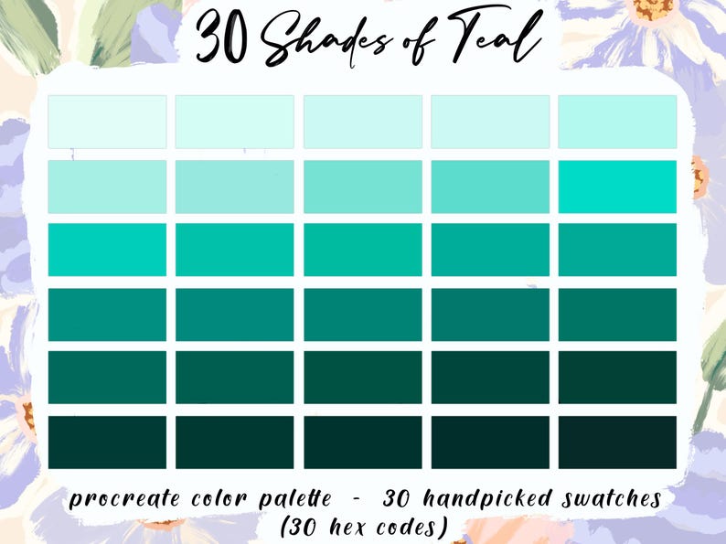 30 Shades of Teal Procreate Palette, 30 HEX Codes, Instant Download ...