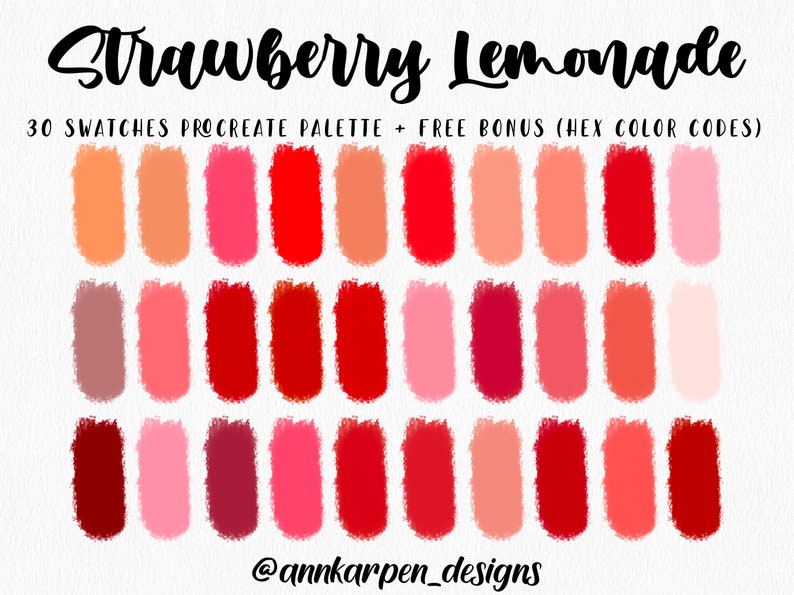 Strawberry Lemonade Procreate Palette, 30 HEX Color Codes, Instant ...