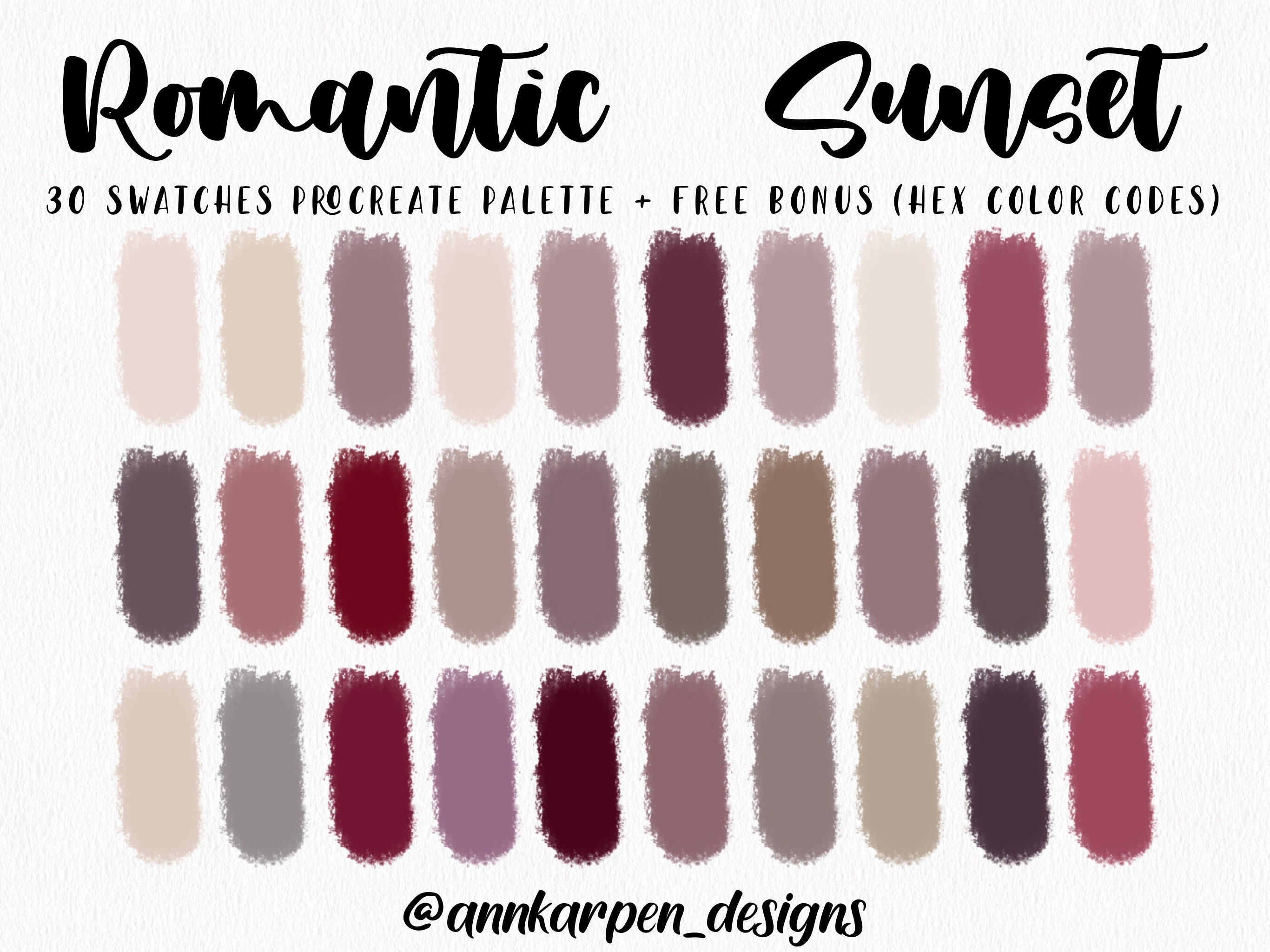 Romantic Sunset Procreate Palette, 30 HEX Color Codes, Instant Digital ...