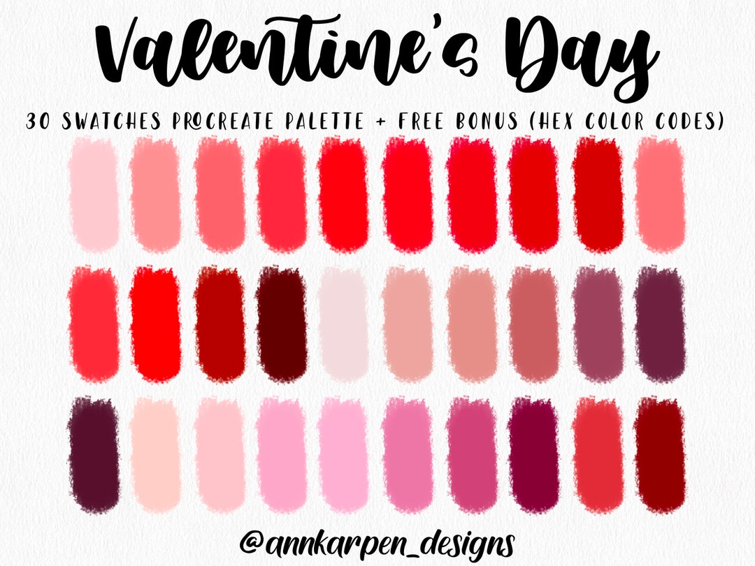 Valentine's Day Procreate Palette, 30 HEX Colors, Instant Digital ...