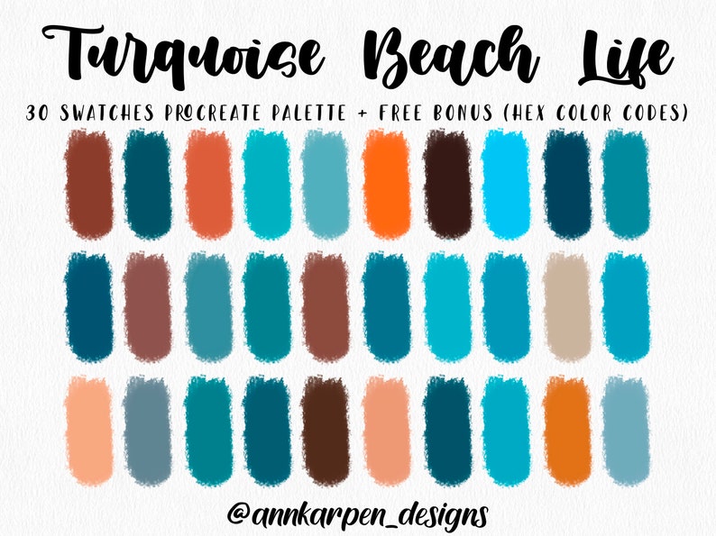 Turquoise Beach Life Procreate Palette, 30 HEX Color Codes, Instant ...