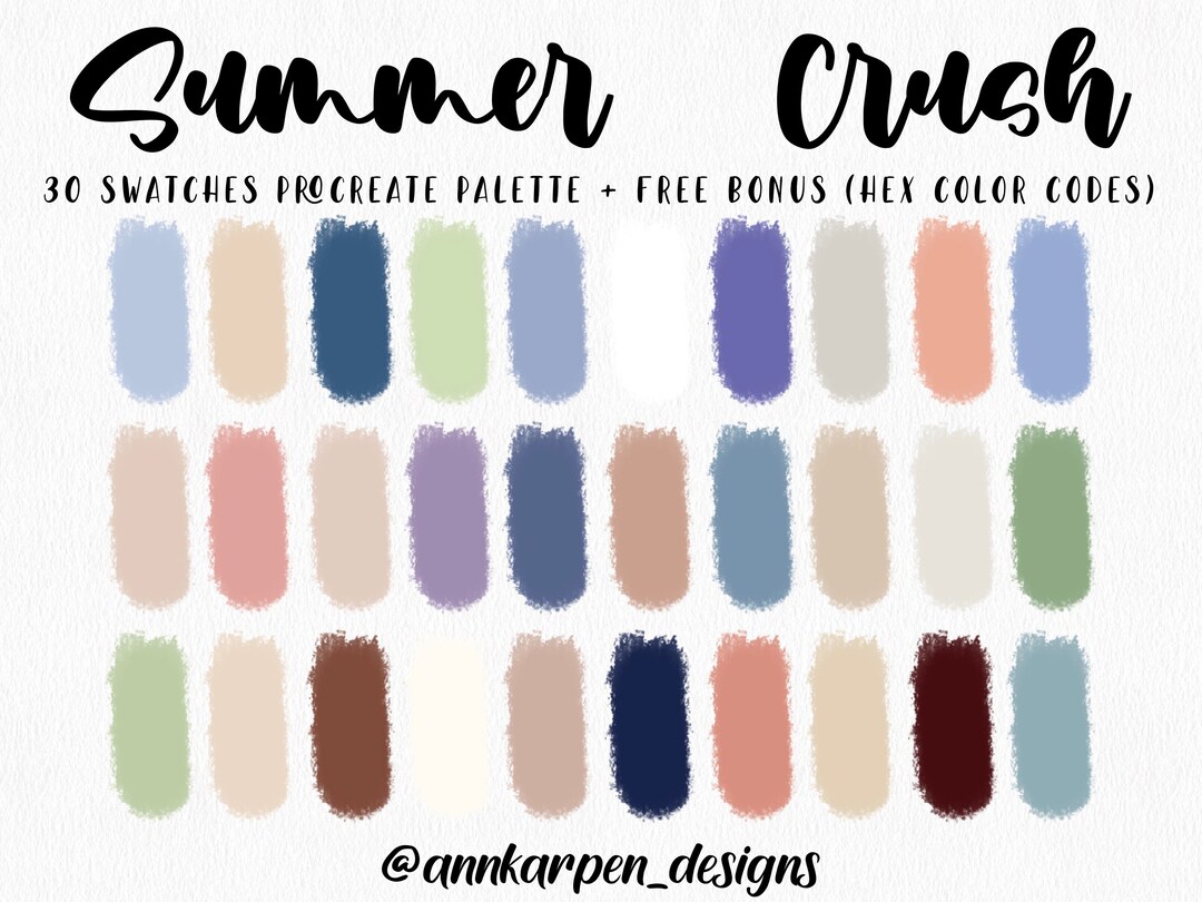 Summer Crush Procreate Palette 30 Hex Handpicked Colors Instant Digital Download Ipad Pro Art