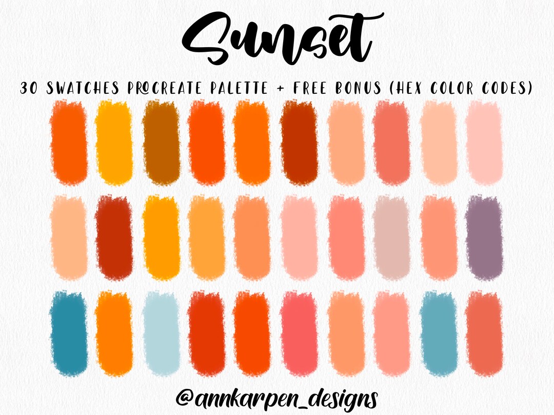 Sunset Procreate Palette, 30 HEX Color Codes, Instant Digital Download ...