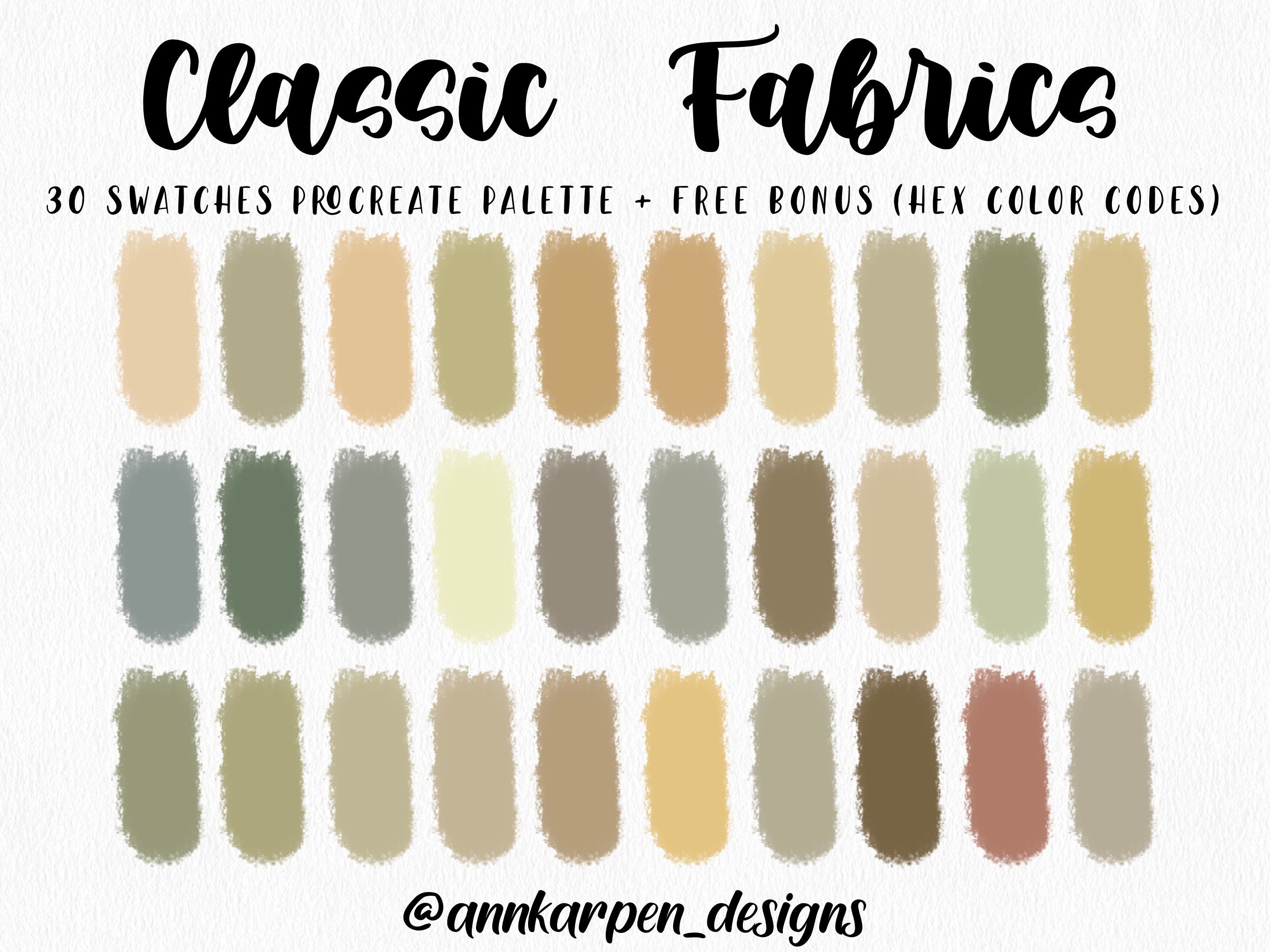 Classic Fabrics Procreate Palette 30 Hex Color Codes Instant Digital