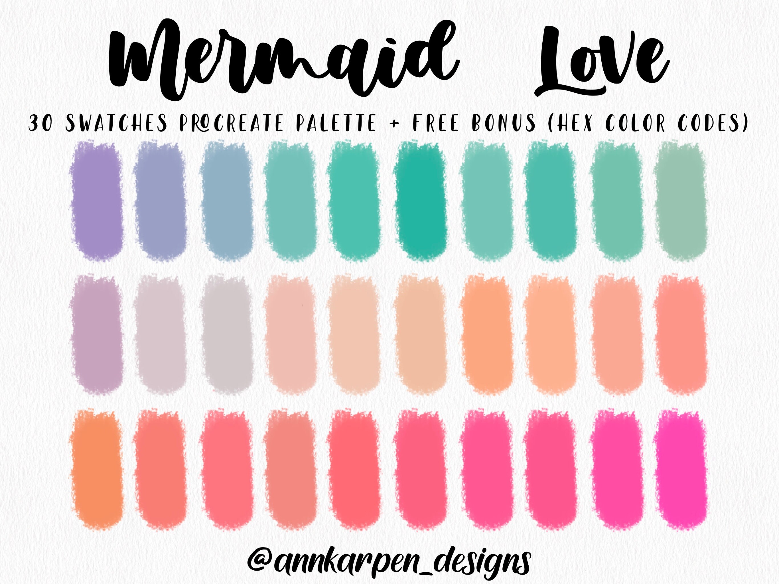 Mermaid Love Procreate Palette, 30 HEX Color Codes Included, Sweet ...