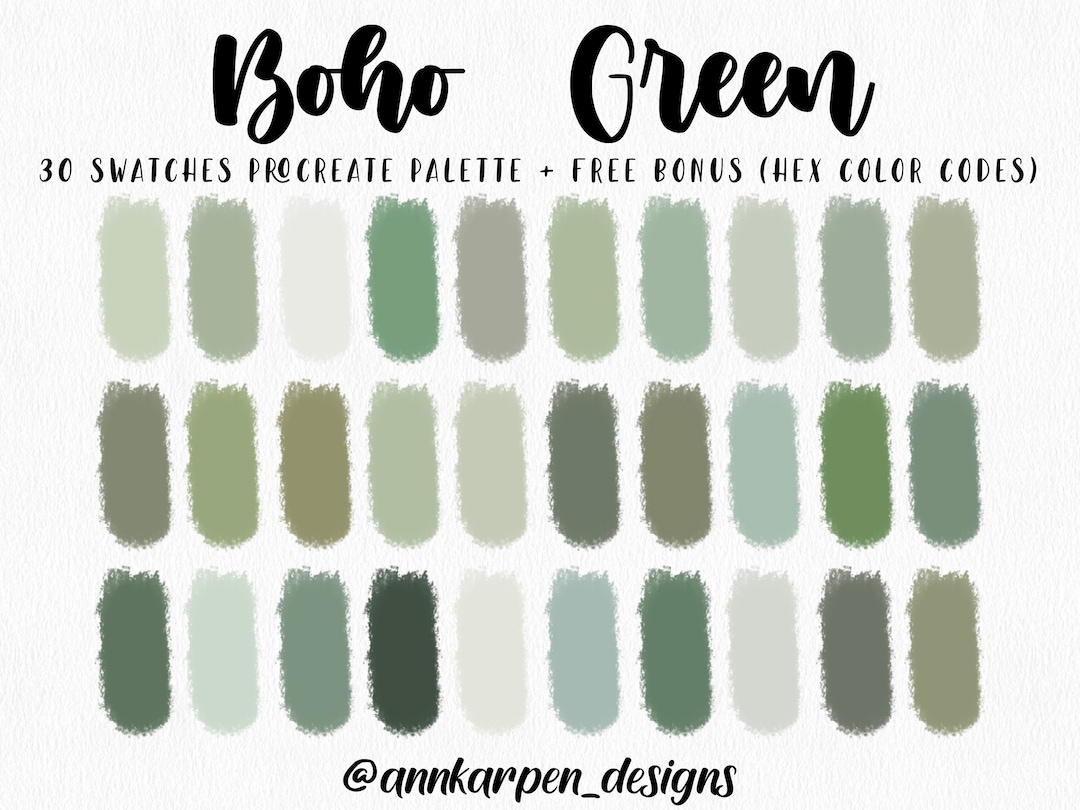 Boho Green Procreate Palette, 30 HEX Color Codes, Instant Digital ...