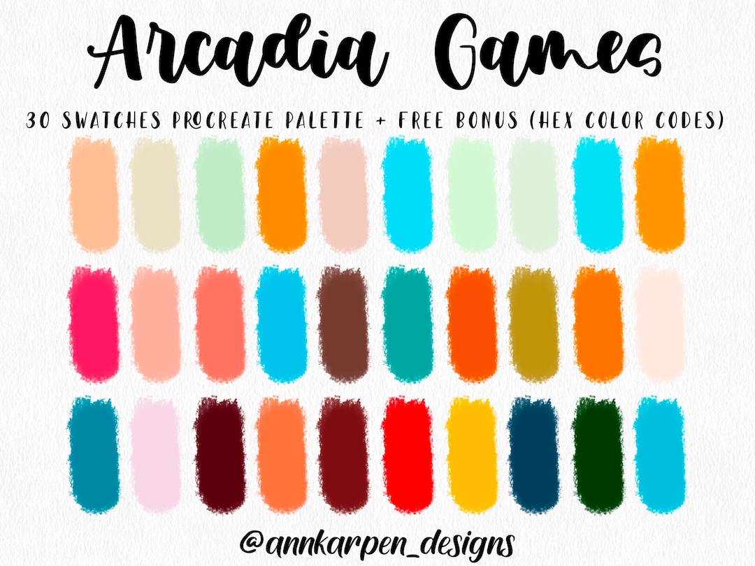 Arcadia Games Procreate Palette, 30 HEX Color Codes Swatches, Bright ...