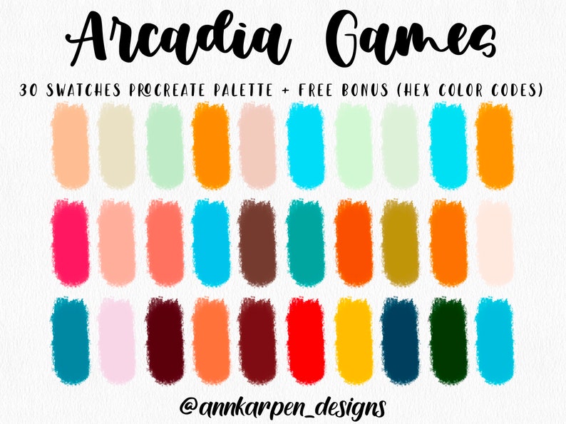 Arcadia Games Procreate Palette, 30 HEX Color Codes Swatches, Bright ...