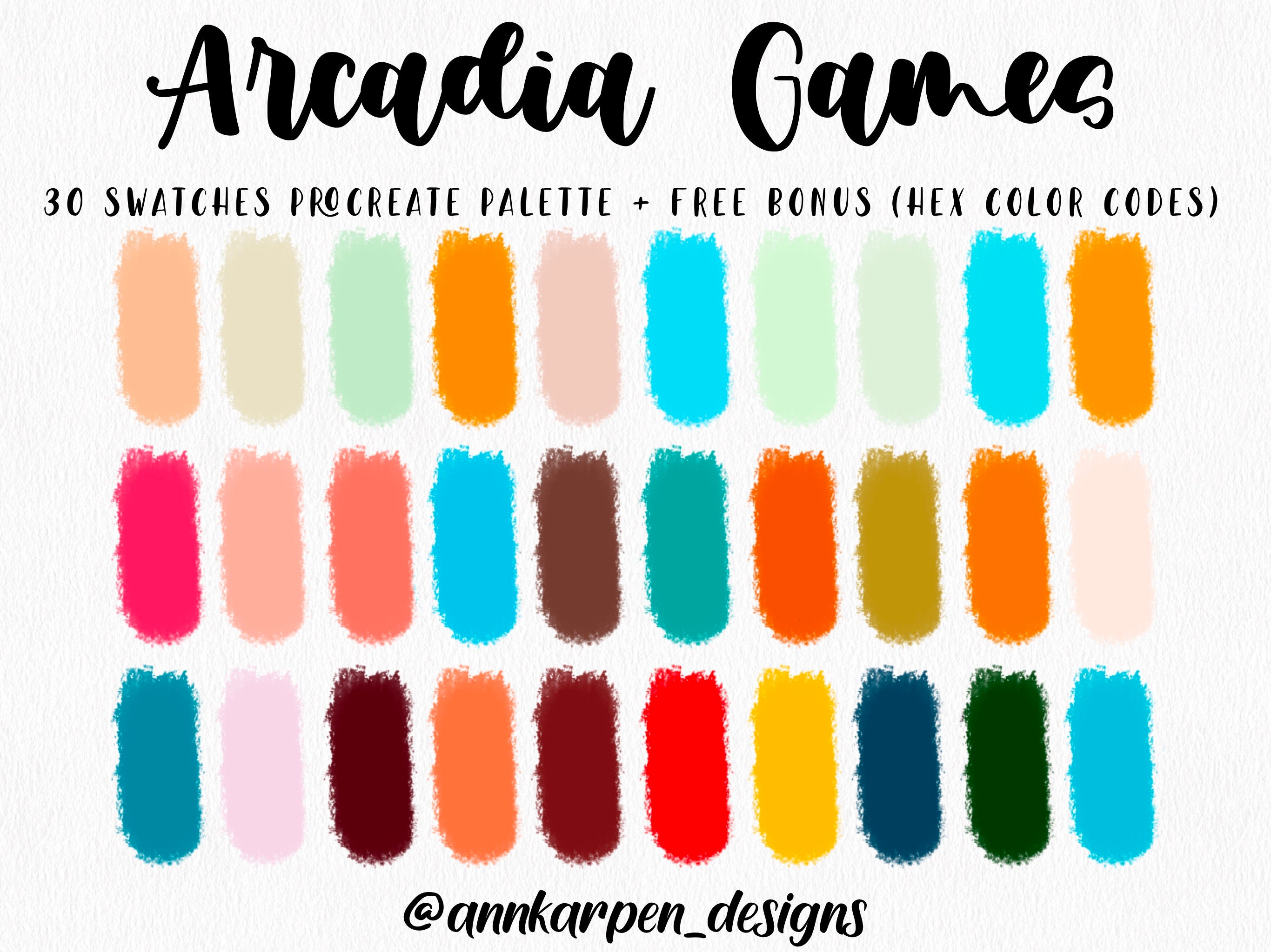 Arcadia Games Procreate Palette, 30 HEX Color Codes Swatches, Bright ...