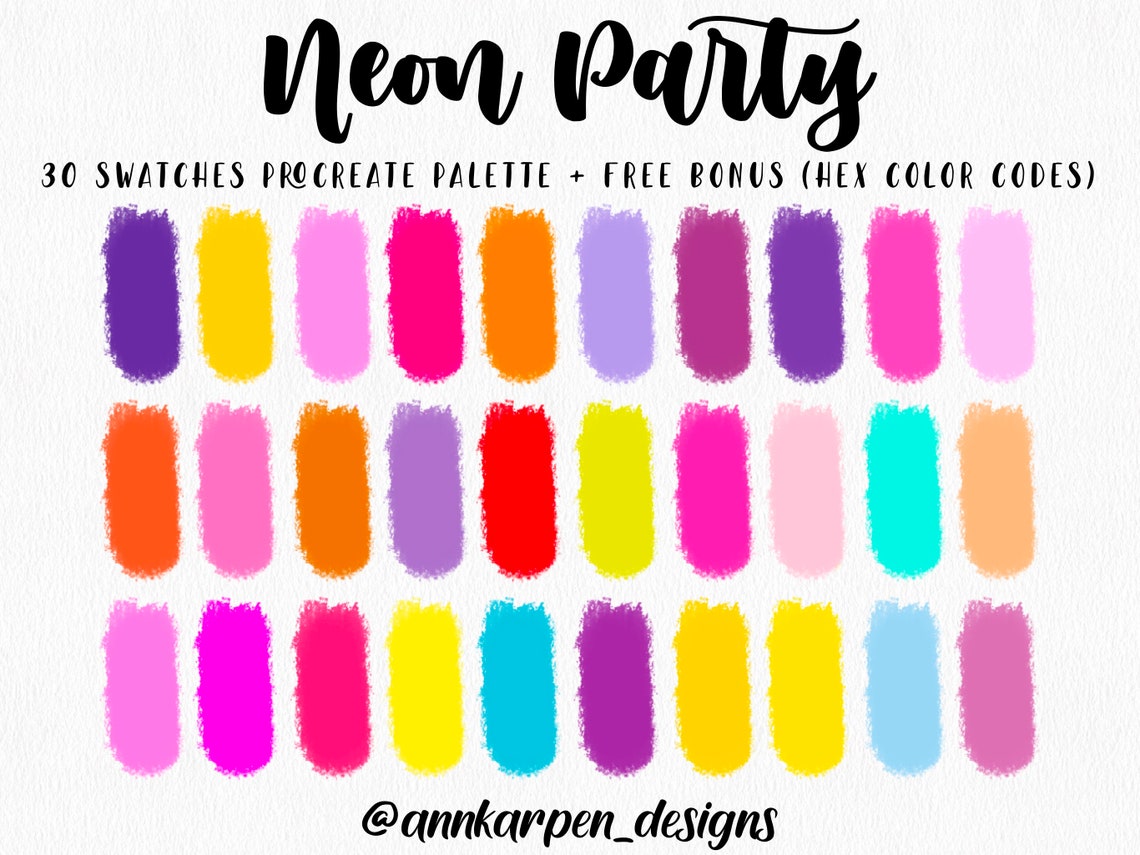 Neon Party Procreate Palette, 30 HEX Color Codes, Instant Download ...