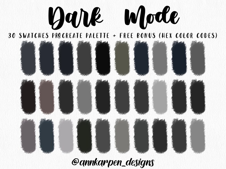 Dark Mode Procreate Palette, 30 HEX Color Codes, Instant Digital ...