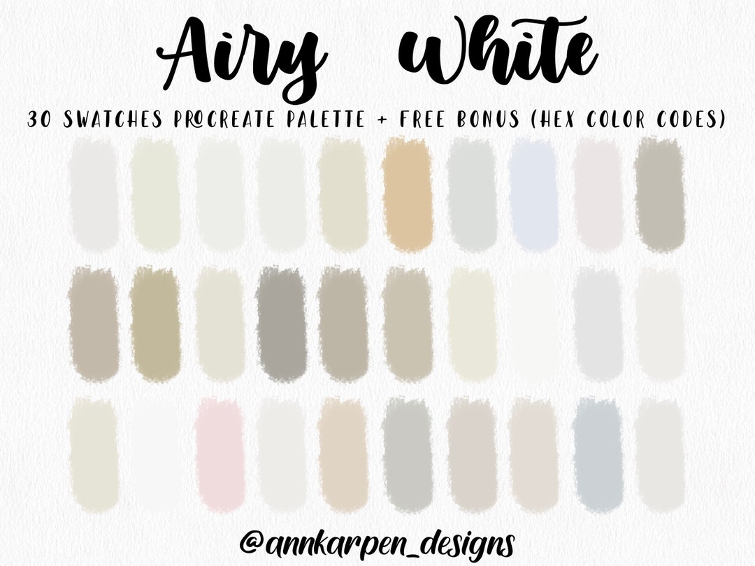 Airy White Procreate Palette, 30 HEX Color Codes, Instant Digital ...