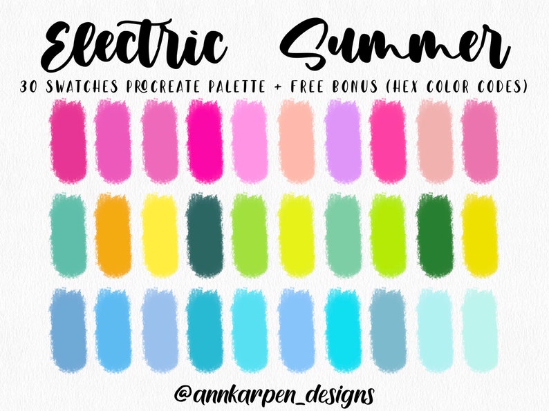 Electric Summer Procreate Palette 30 Hex Color Codes Instant Digital