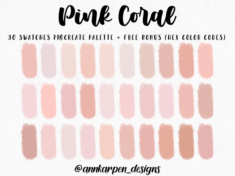 Pink Coral Procreate Palette, 30 HEX Color Codes, Boho Nude Pink Color ...